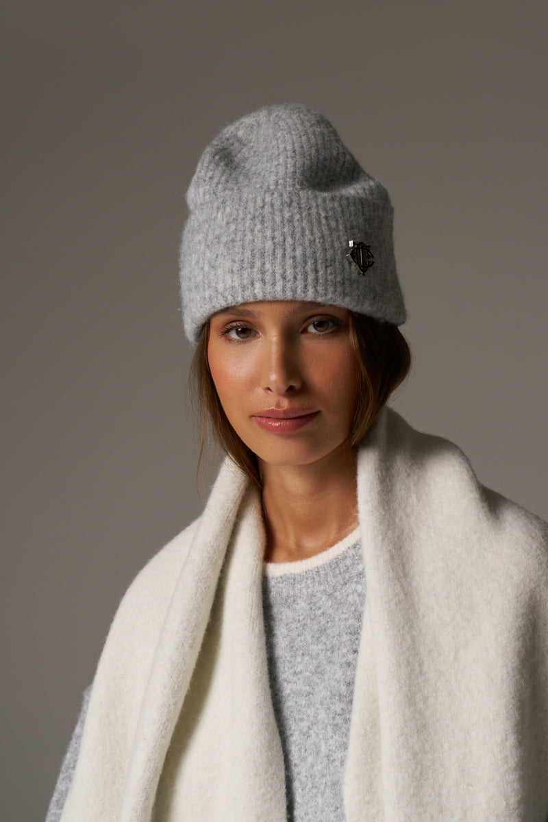 FLUFFY KNIT MONOGRAM PIN BADGE BEANIE - GREY – The Couture Club