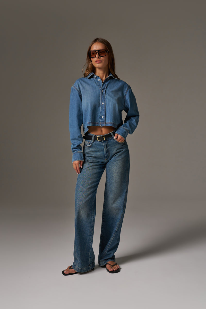 RELAXED LONG SLEEVE DENIM SHIRT - MID BLUE WASH – The Couture Club
